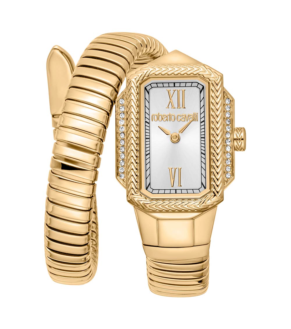 Roberto Cavalli Golden Rectangular Dial Snake Watch for Women Online ...